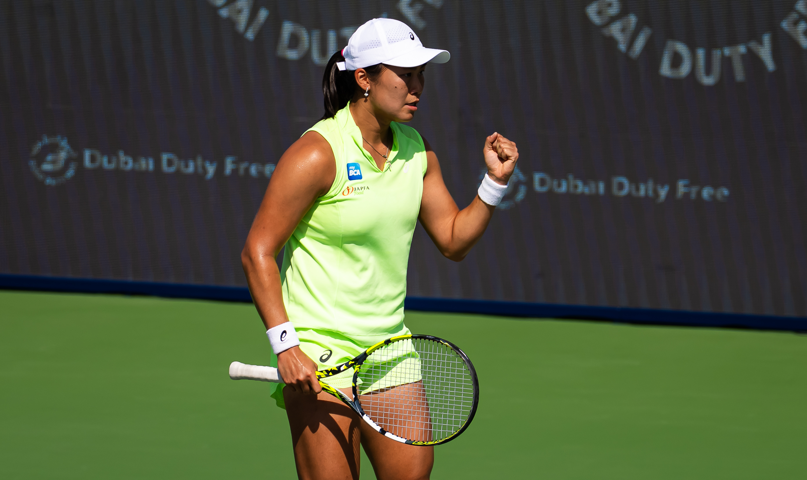 Hot shot: Janice Tjen shows off her reflexes at net in Dubai
